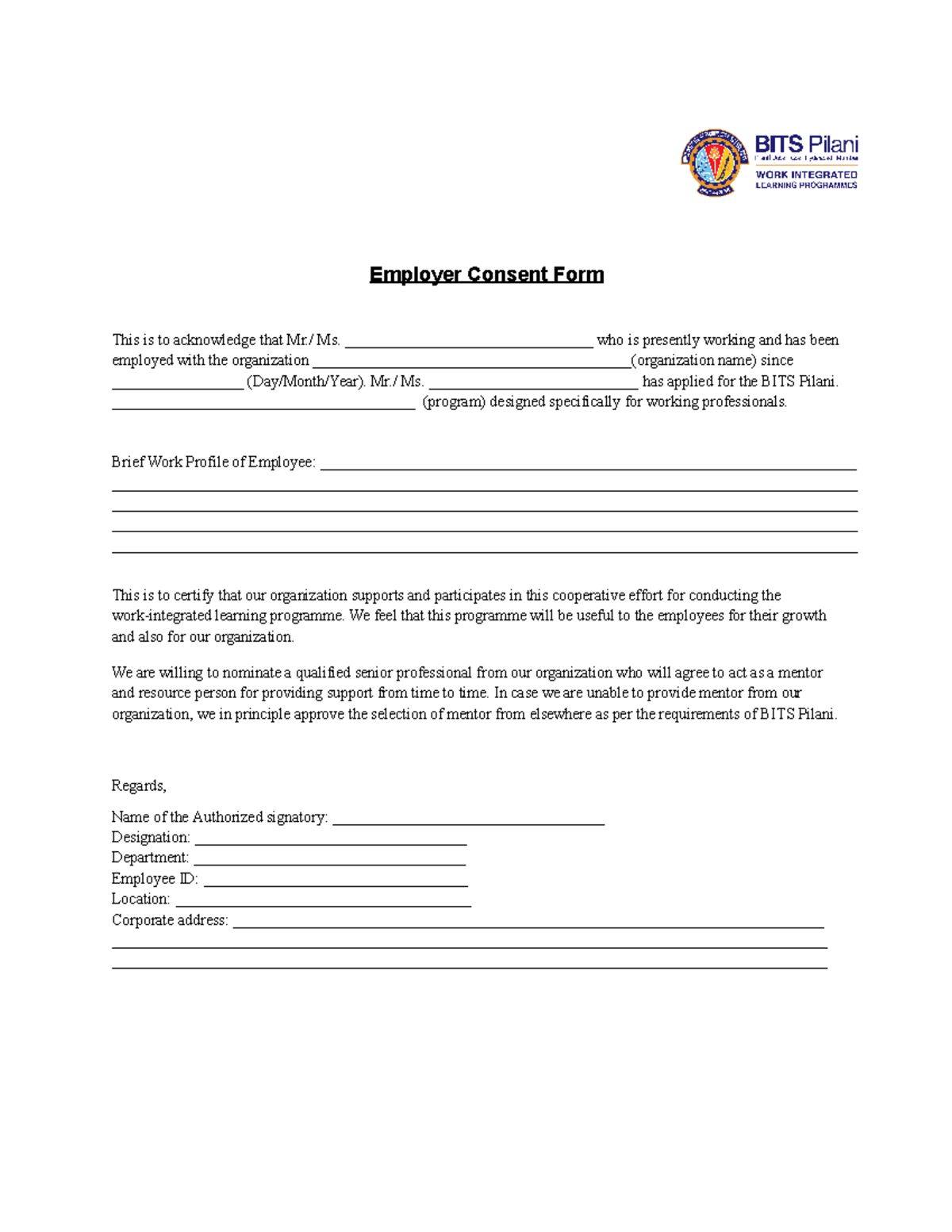 Employer and Mentor Consent Forms for BITS Pilani Program - Studocu