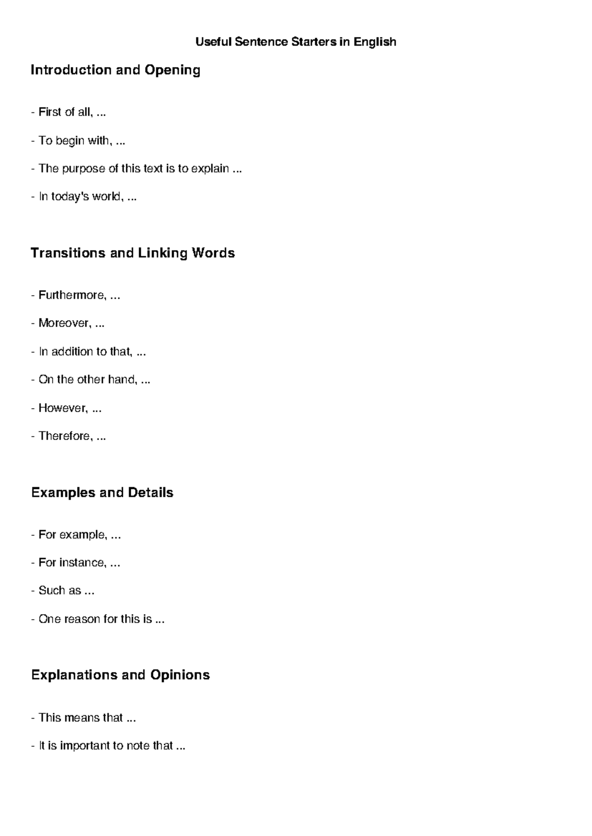 Effective Sentence Starters in English: A Comprehensive Guide - Studocu