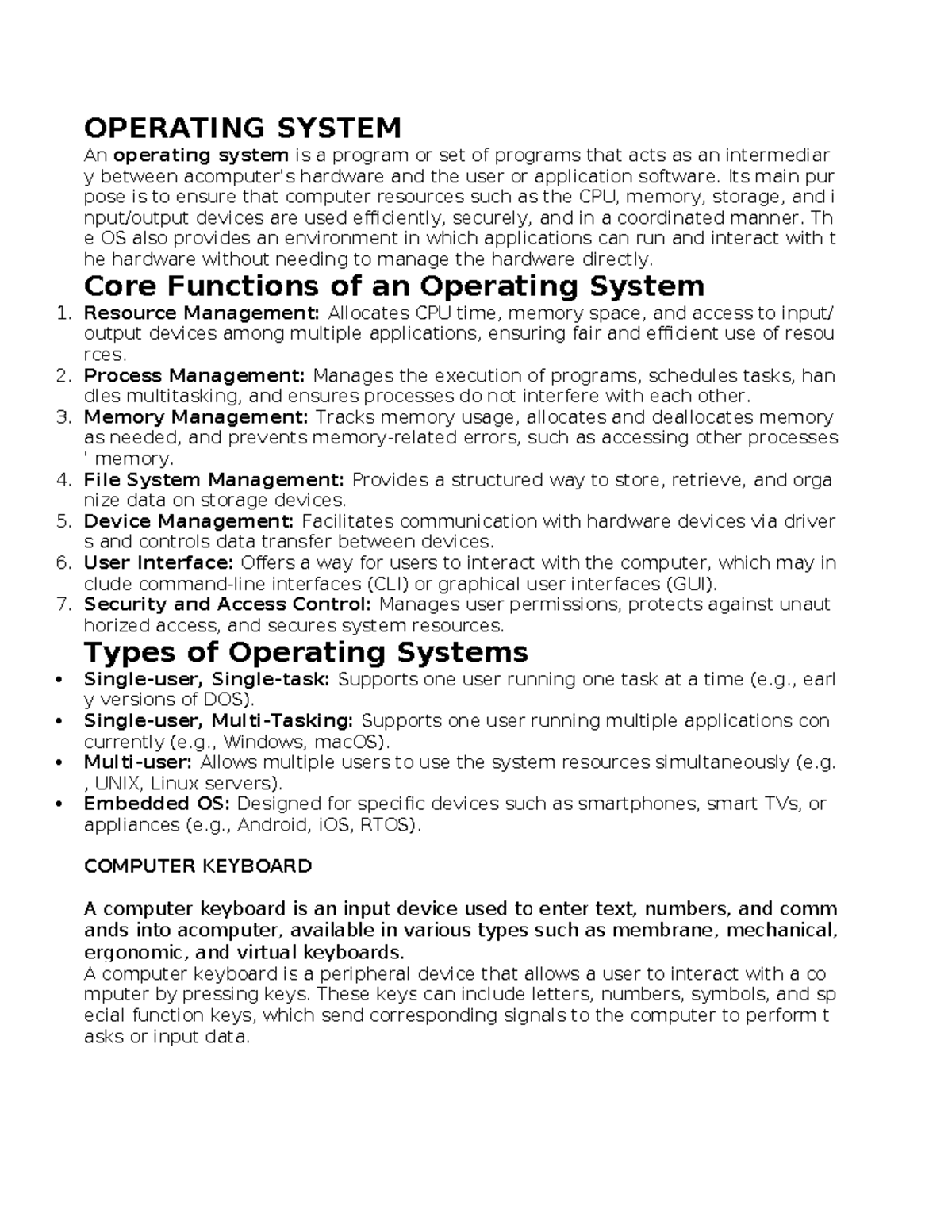 Operating System (CS101) - Introduction to Core Functions and Types - Studocu