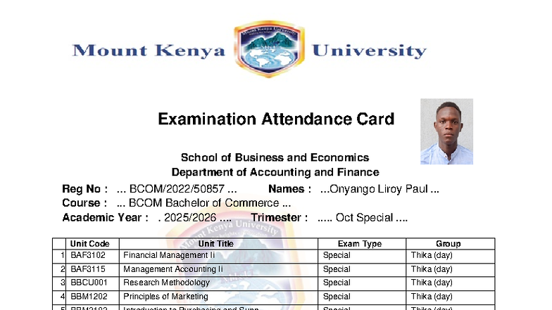 Examcard 2025 bcom - Examination Attendance Card School of Business and ...