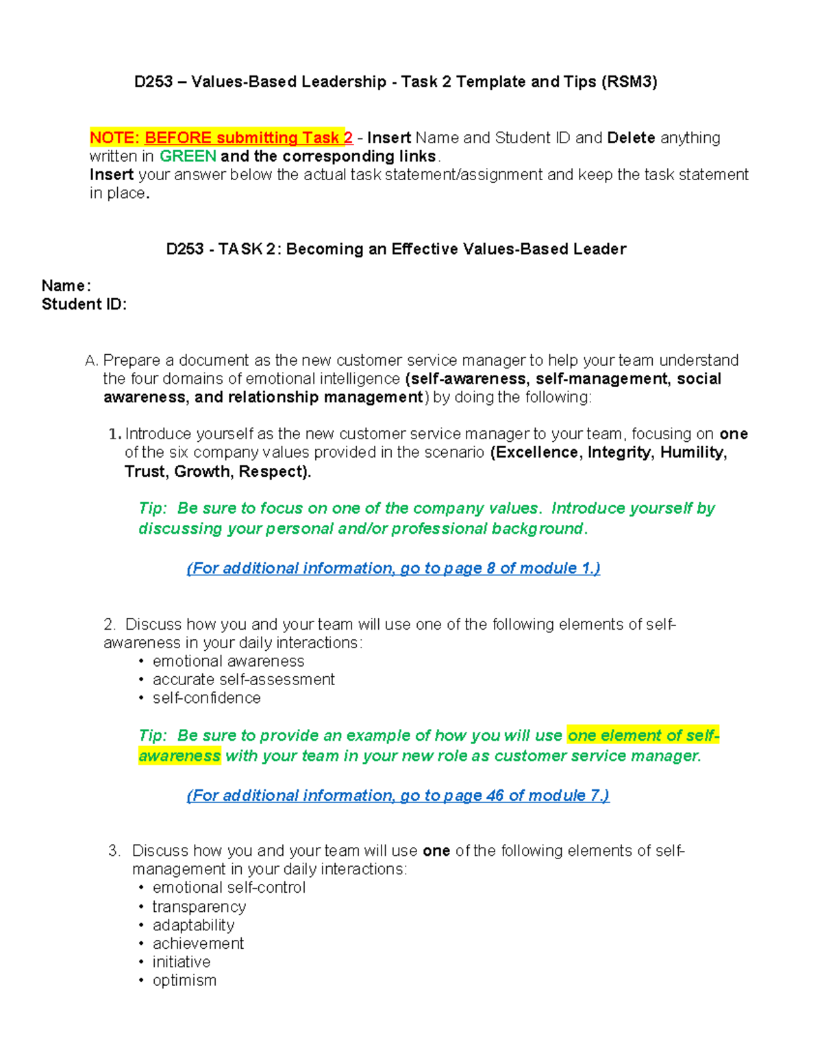 D253 - RSM3 Task 2 Template: Values-Based Leadership Insights - Studocu
