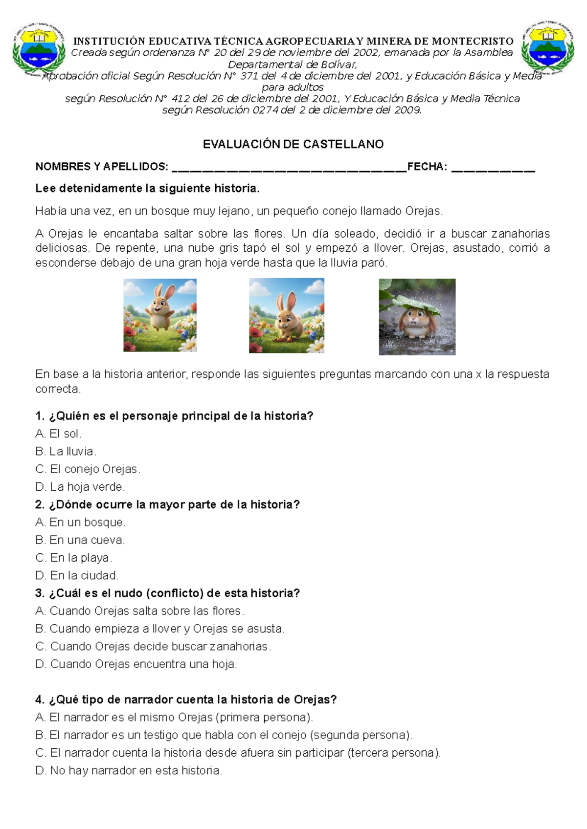 Evaluación de Castellano 3ro - Historia del Conejo Orejas - Studocu