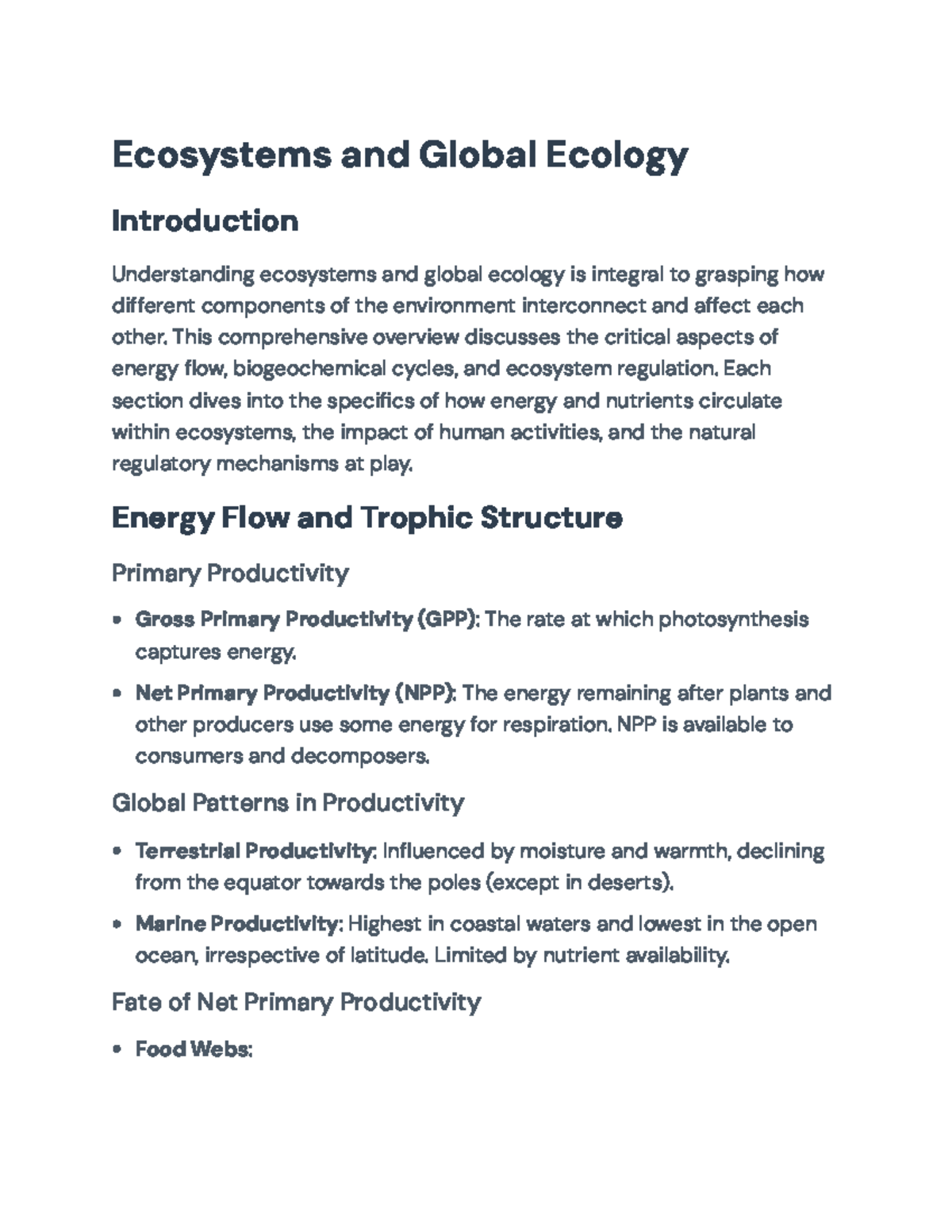 Ecosystems and Global Ecology Overview: Energy Flow and Nutrient Cycles ...