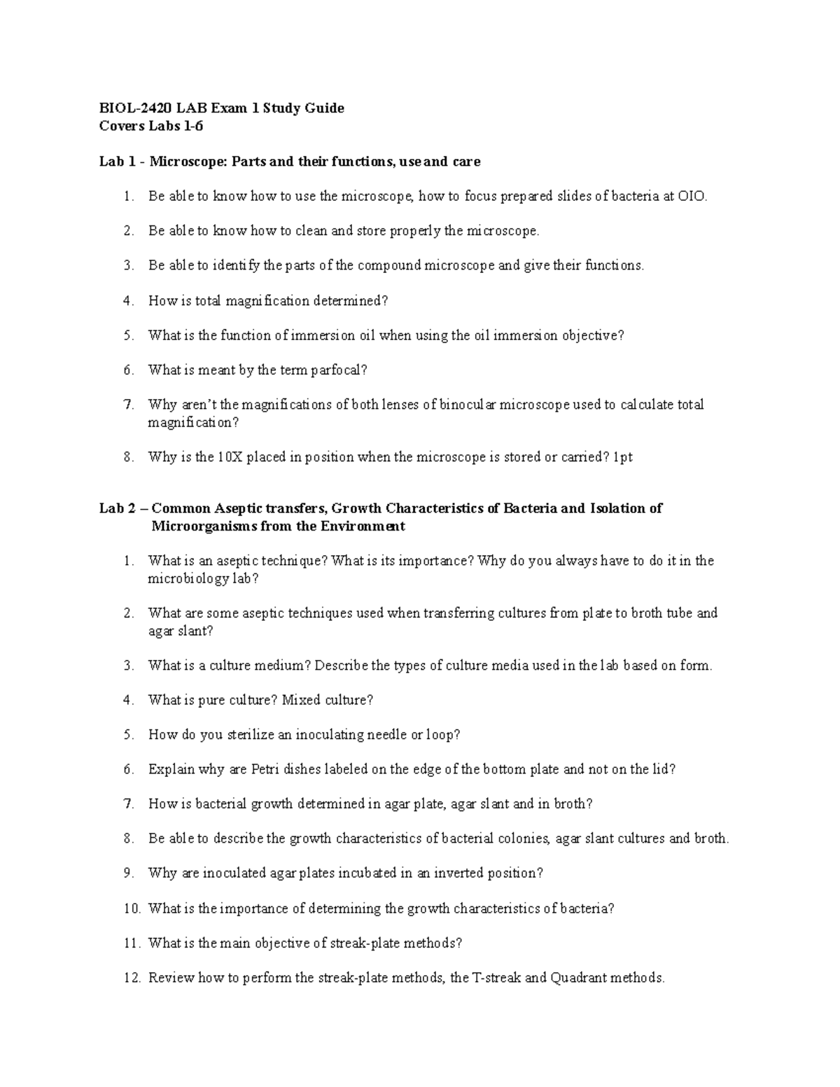 BIOL-2420 Lab Exam 1 Study Guide: Microscope & Aseptic Techniques - Studocu