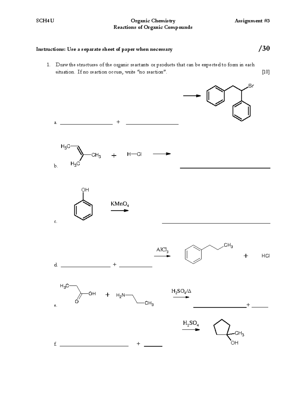 SCH4U Organic Chemistry Reactions Assignment Worksheet #3 - Studocu