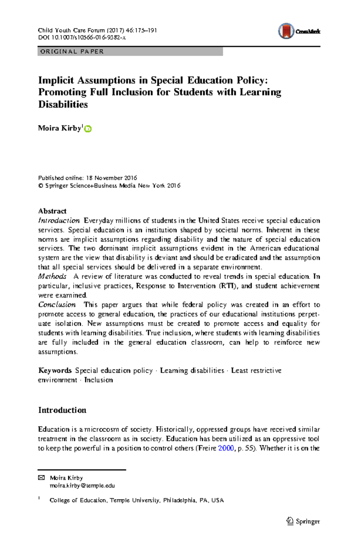 Implicit Assumptions and Full Inclusion in Special Education Policy ...