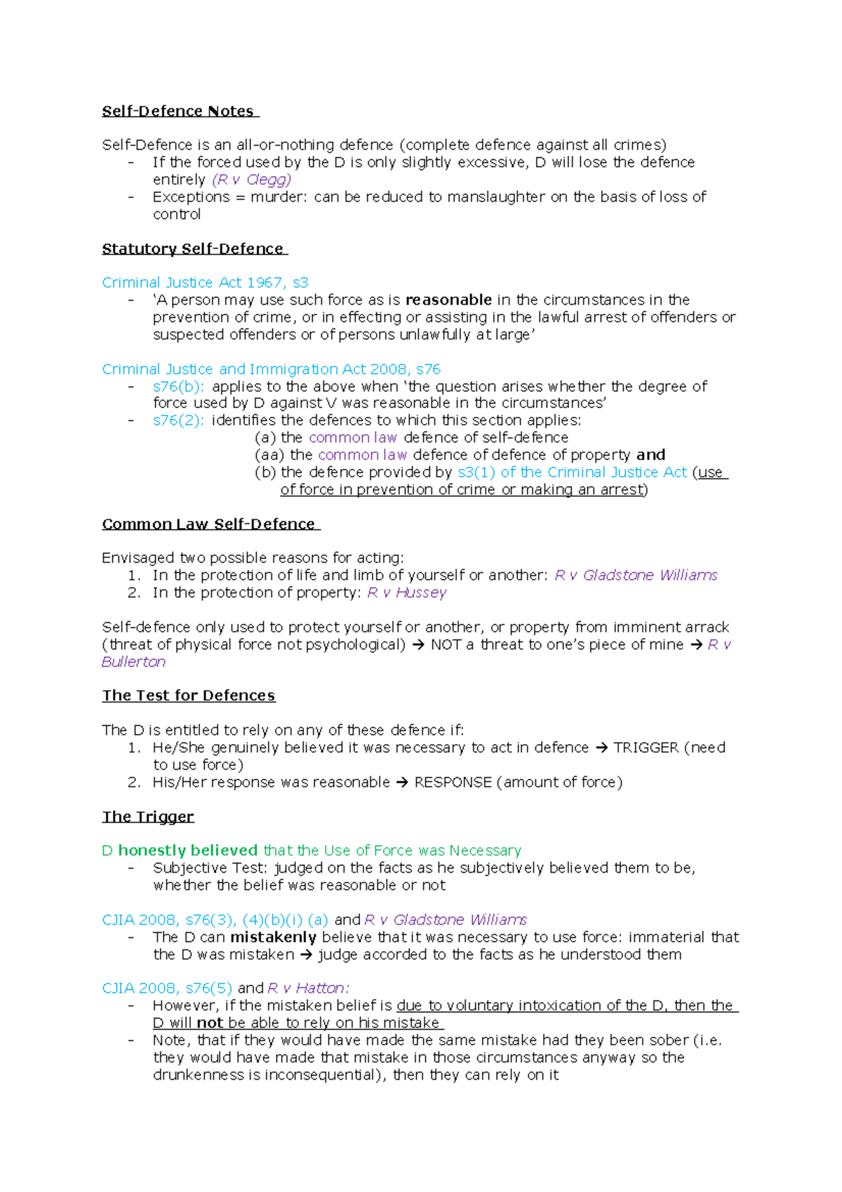 Self-Defence Study Notes: Key Concepts and Legal Provisions - Studocu