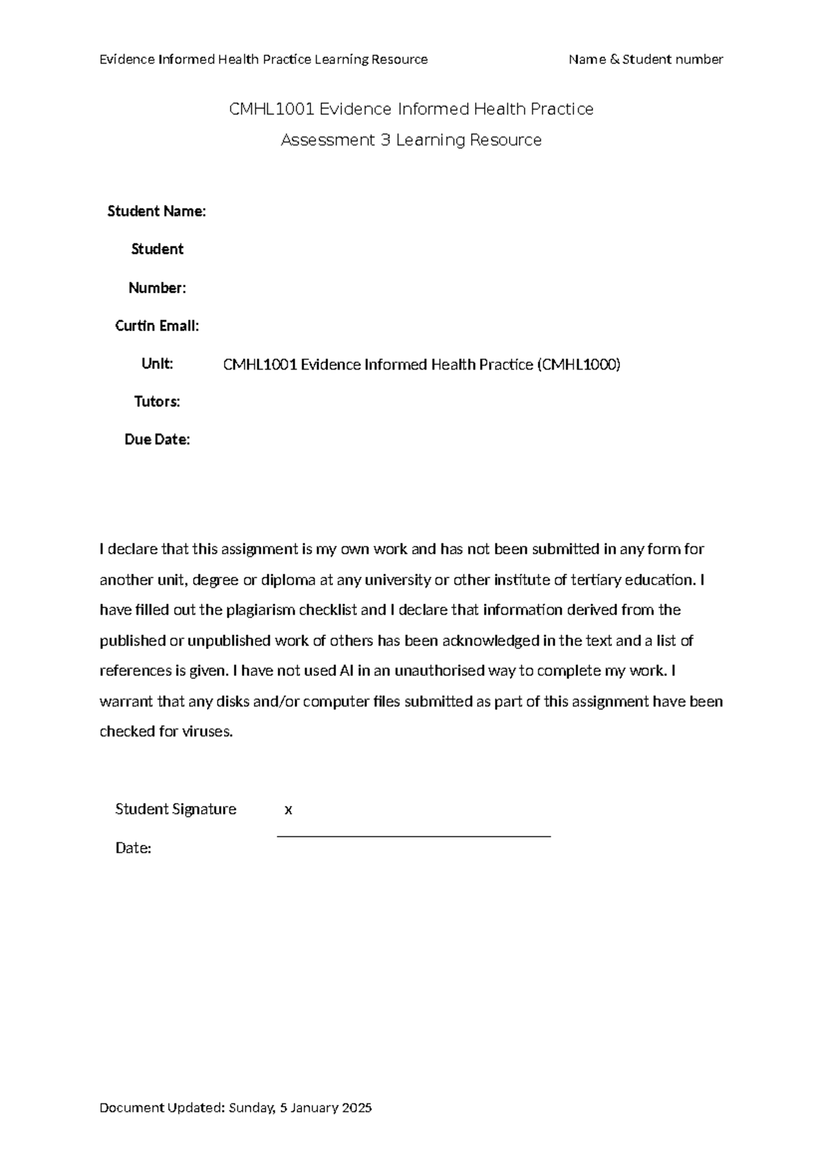 Learning Resource Template ( Students) - CMHL1001 Evidence Informed ...