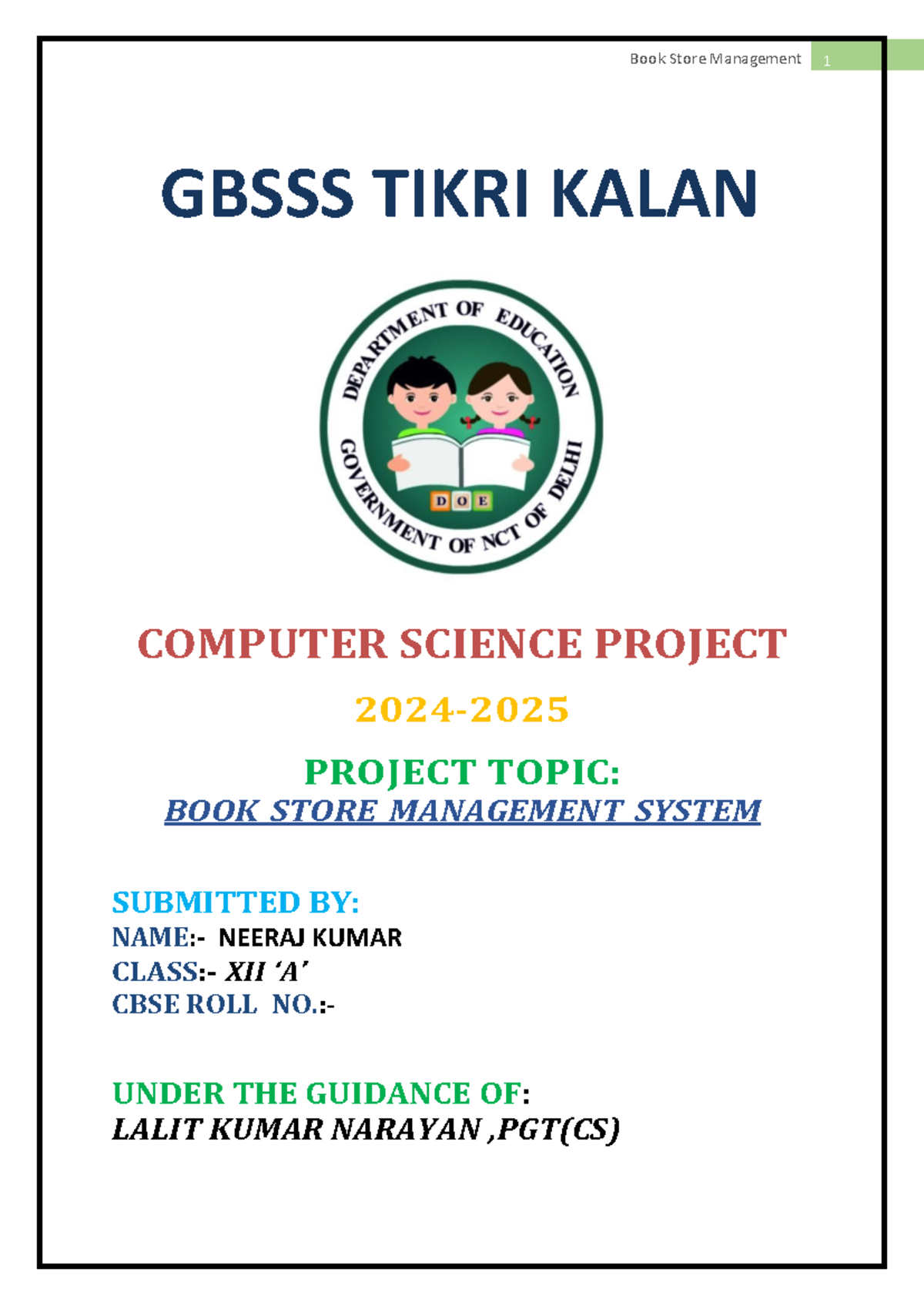 Book Store Management System Project - CBSE Class XII A (2024-25) - Studocu