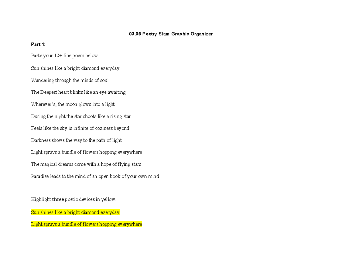 03.05 Poetry Slam Graphic Organizer: Analyzing Poetic Devices - Studocu