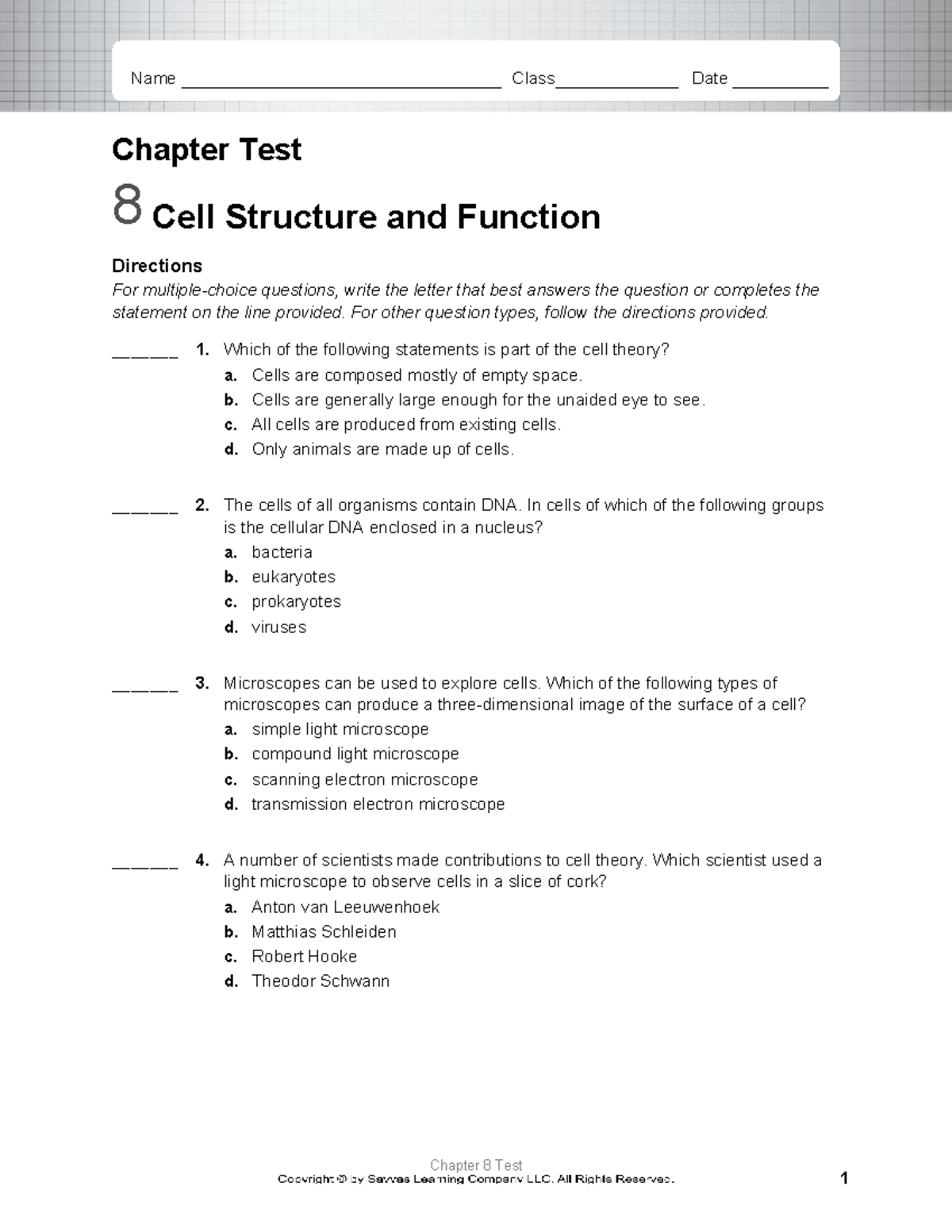 Chapter 8 Test: Cell Structure & Function (Name, Class, Date) - Studocu