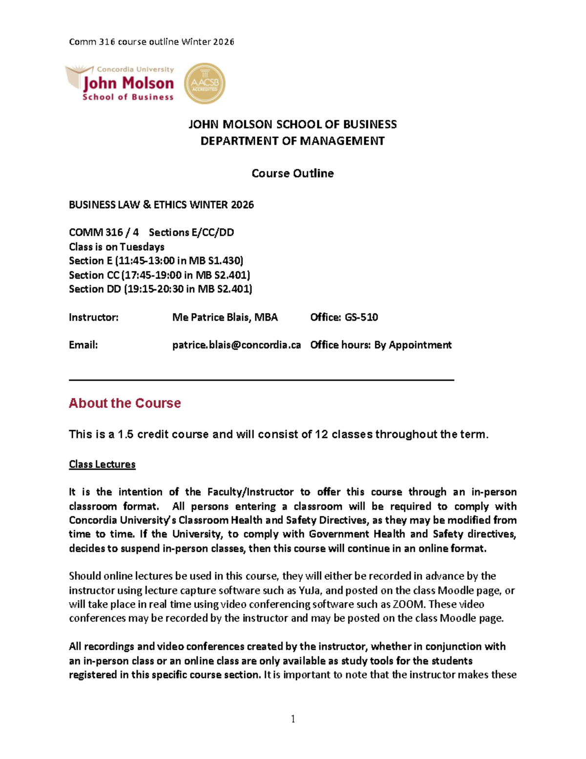 Comm 316 Course Outline: Business Law & Ethics - Winter 2026 - Studocu