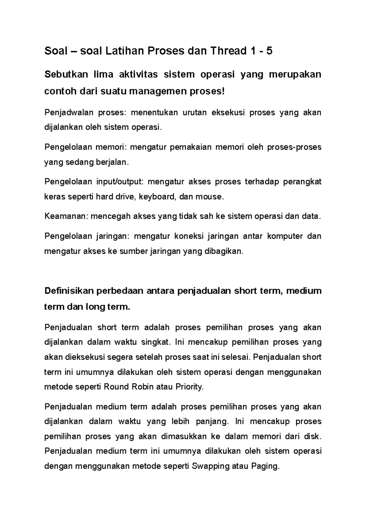 Latihan Soal Proses dan Thread (SOAL 1-5) dalam Sistem Operasi - Studocu