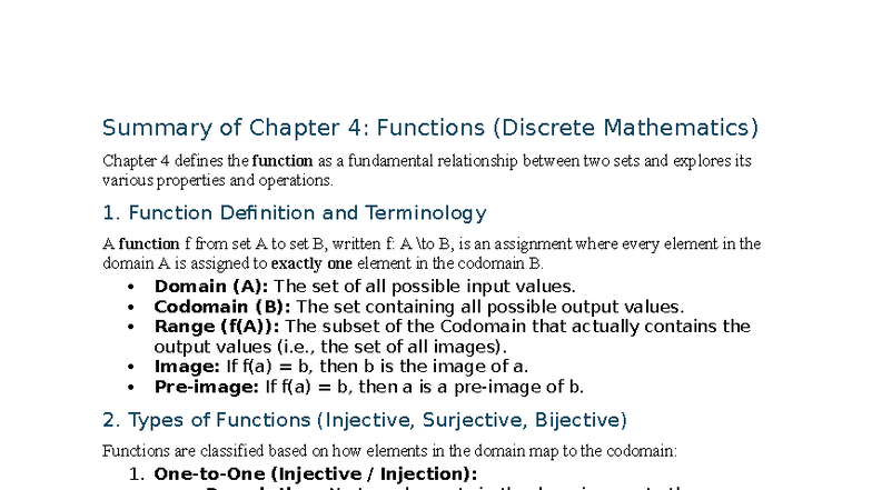 Summary of Chapter 4: Functions in Discrete Mathematics - Studocu