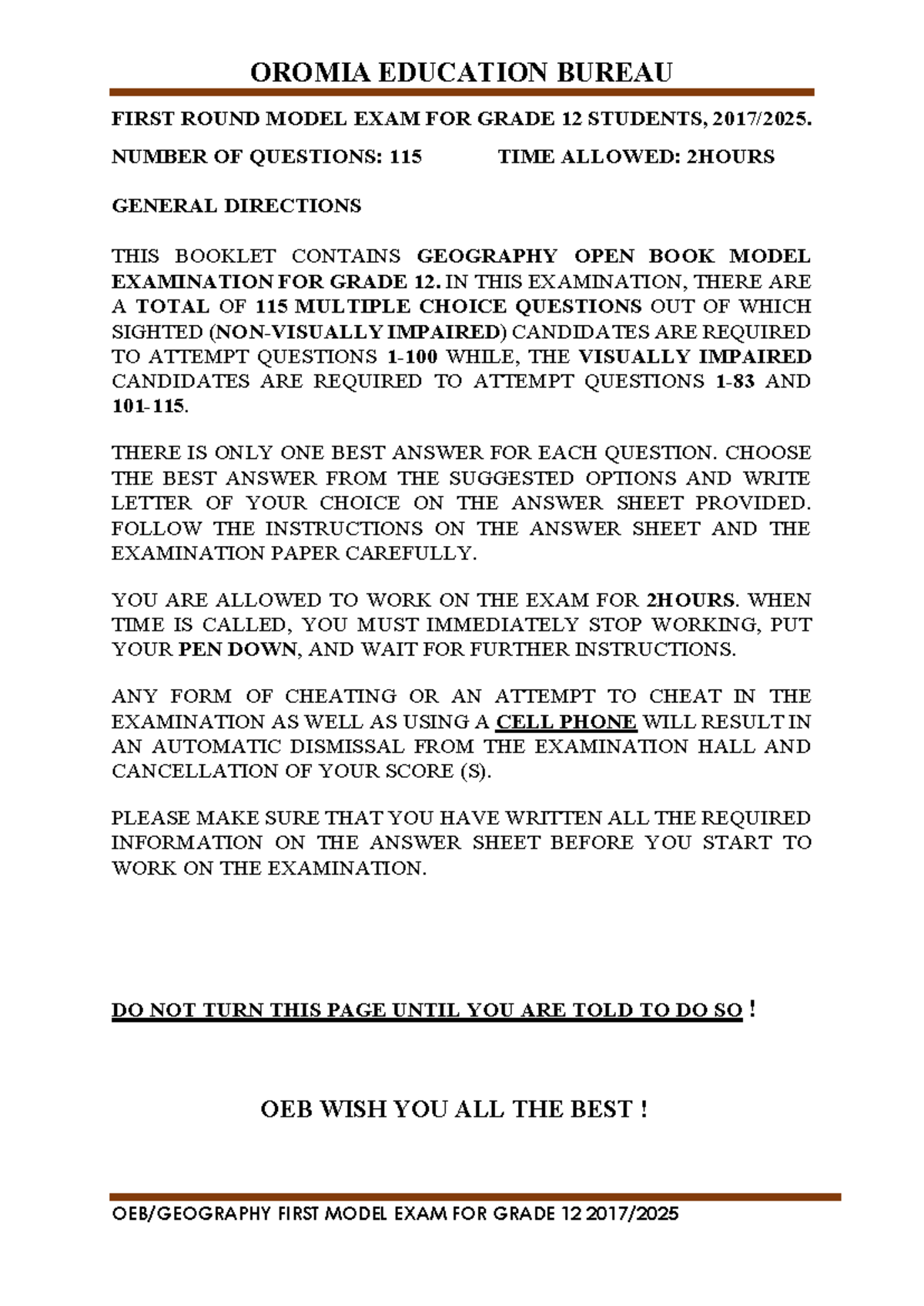 OEB Geography First Model Exam for Grade 12 2017/2025 - Studocu
