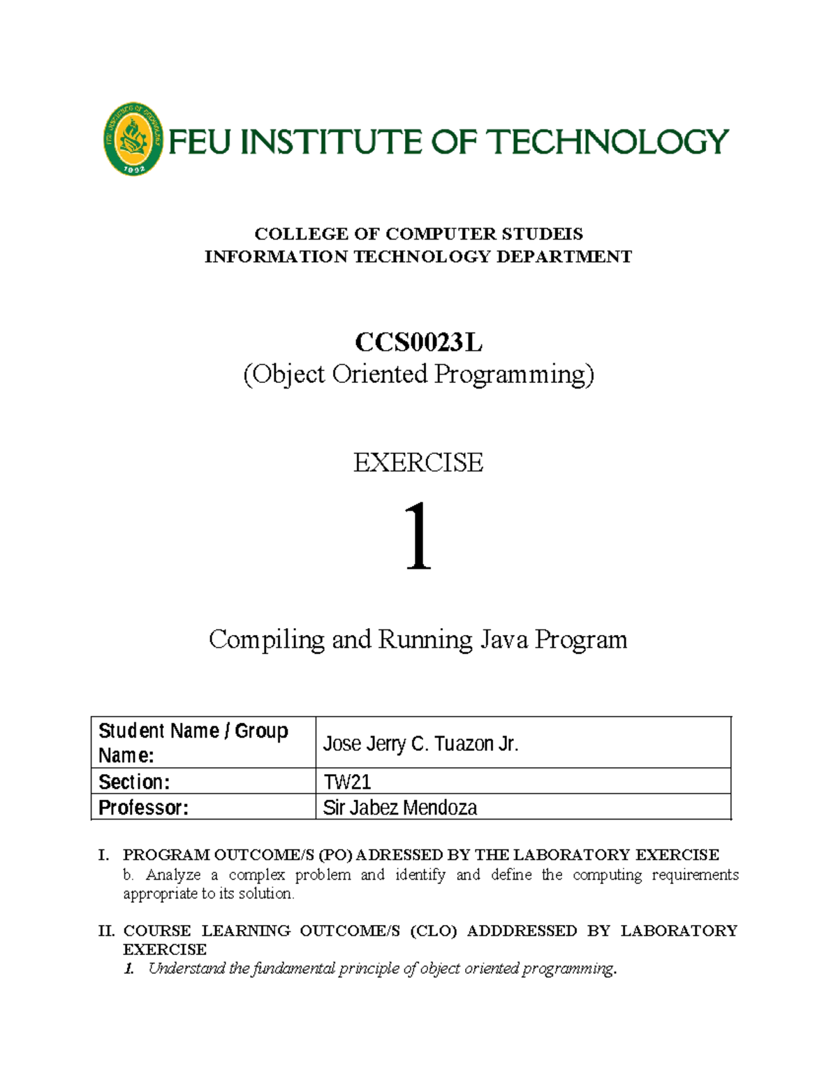 CCS0023L Lab Exercise: Compiling and Running Java Programs - Studocu