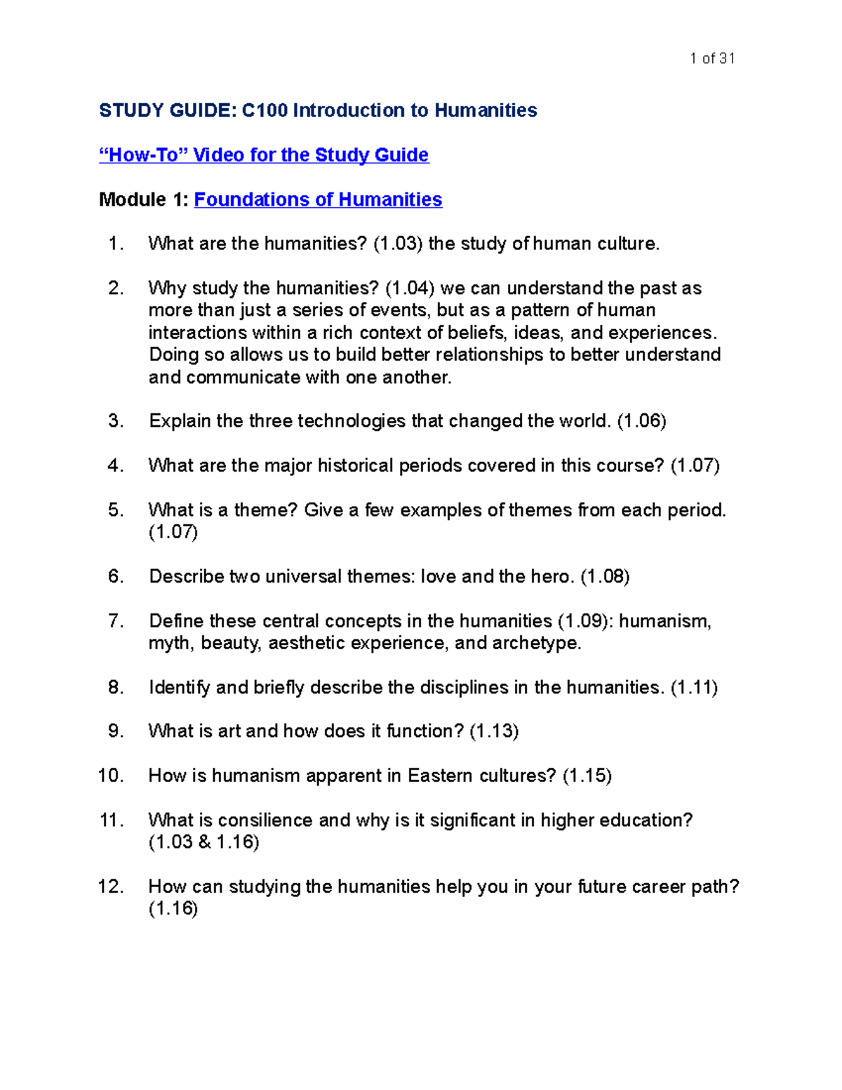 C100 Study Guide: Intro to Humanities Overview and Key Themes - Studocu