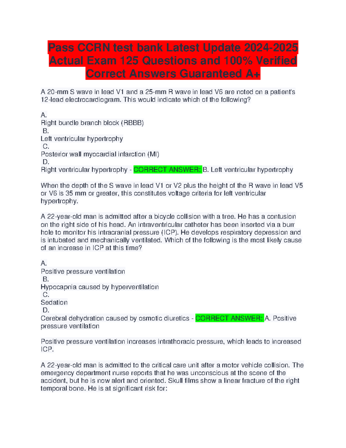 CCRN Test Bank Review 2024-2025: Actual Exam Qs & Verified Answers ...