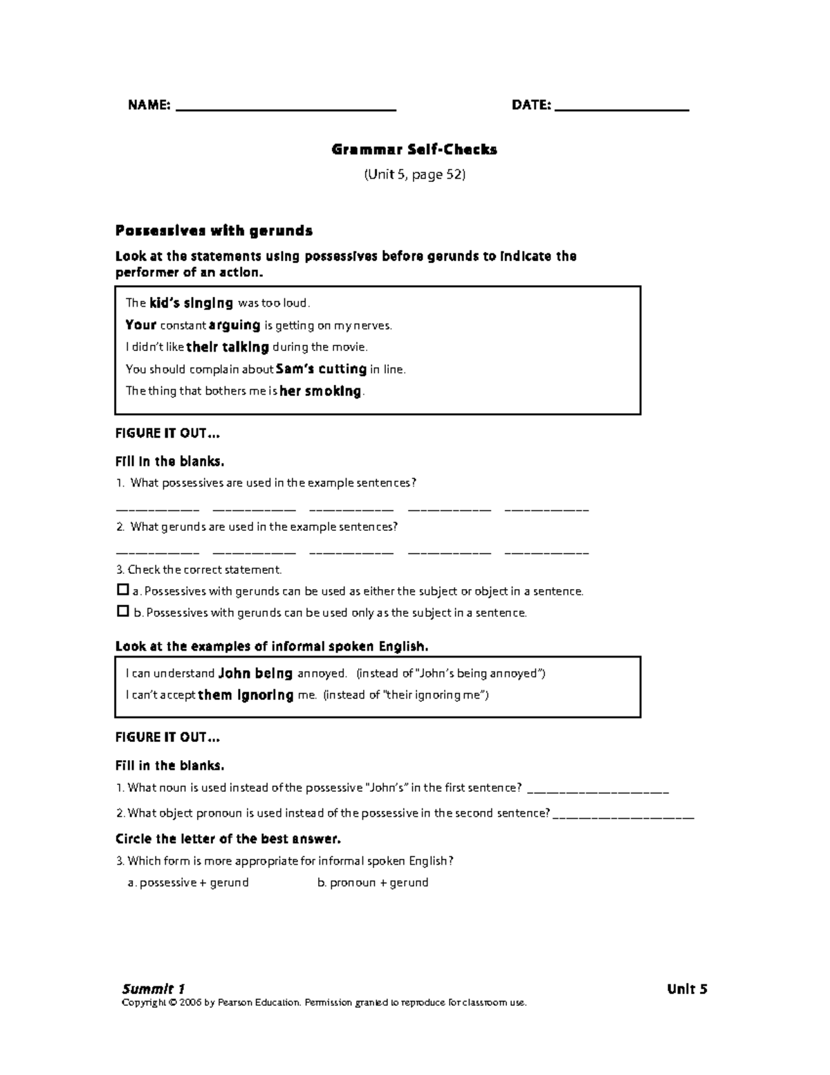 UNIT 05 P52 Possessives with Gerunds - Grammar Self-Checks - Studocu