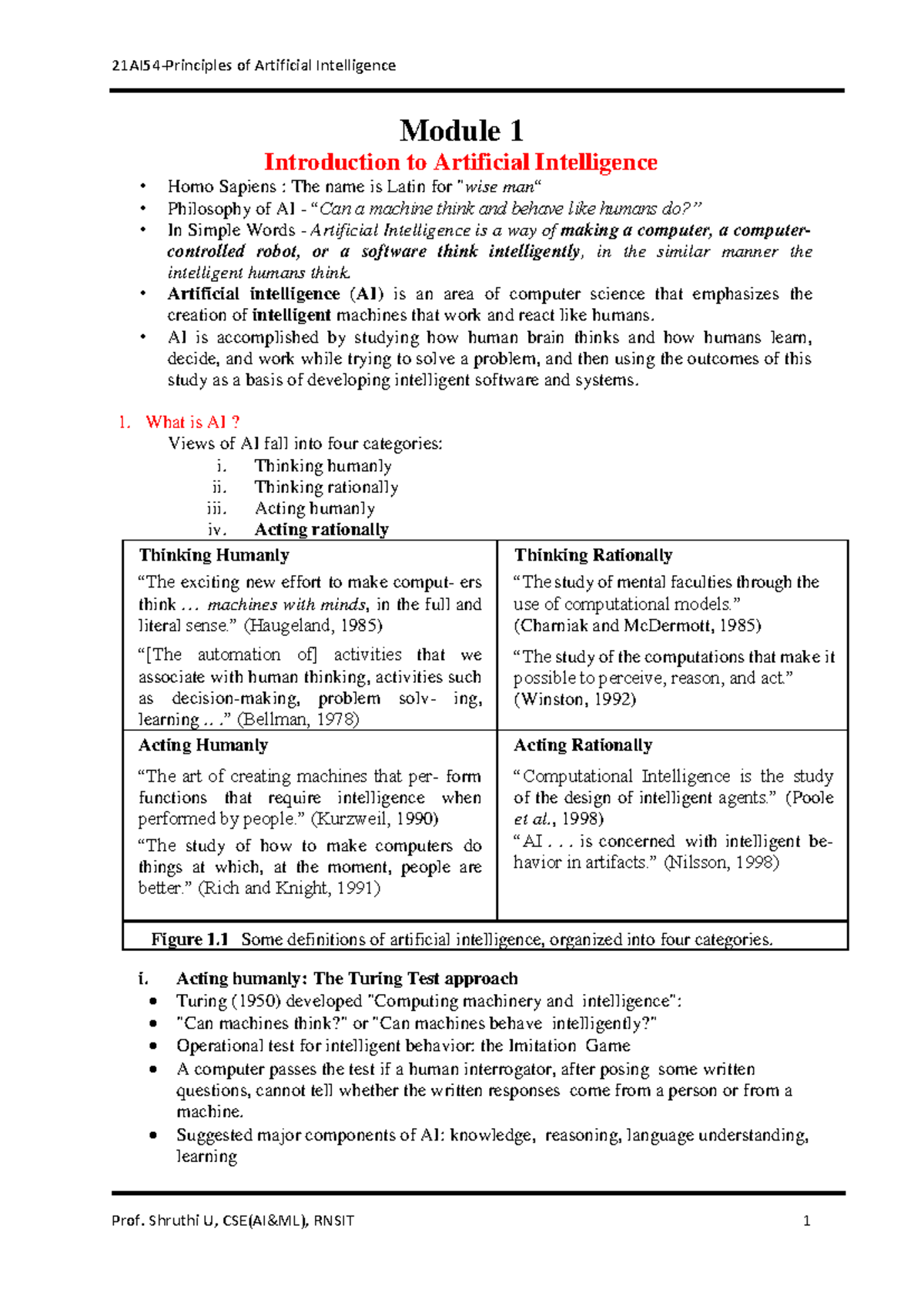 Artificial Intelligence (AI) Module 1: Introductory Concepts and Definitions - Studocu