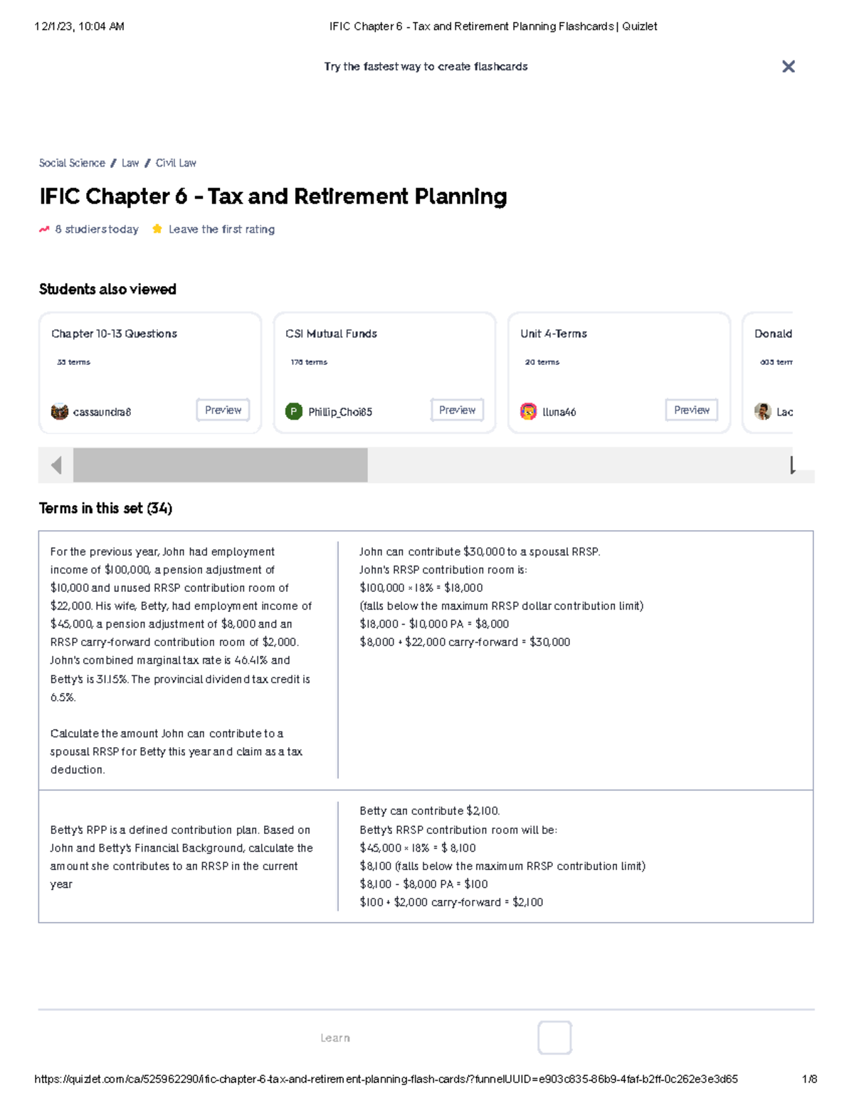 IFIC 6 - Flashcards Quizlet for Tax and Retirement Planning Exam - Studocu