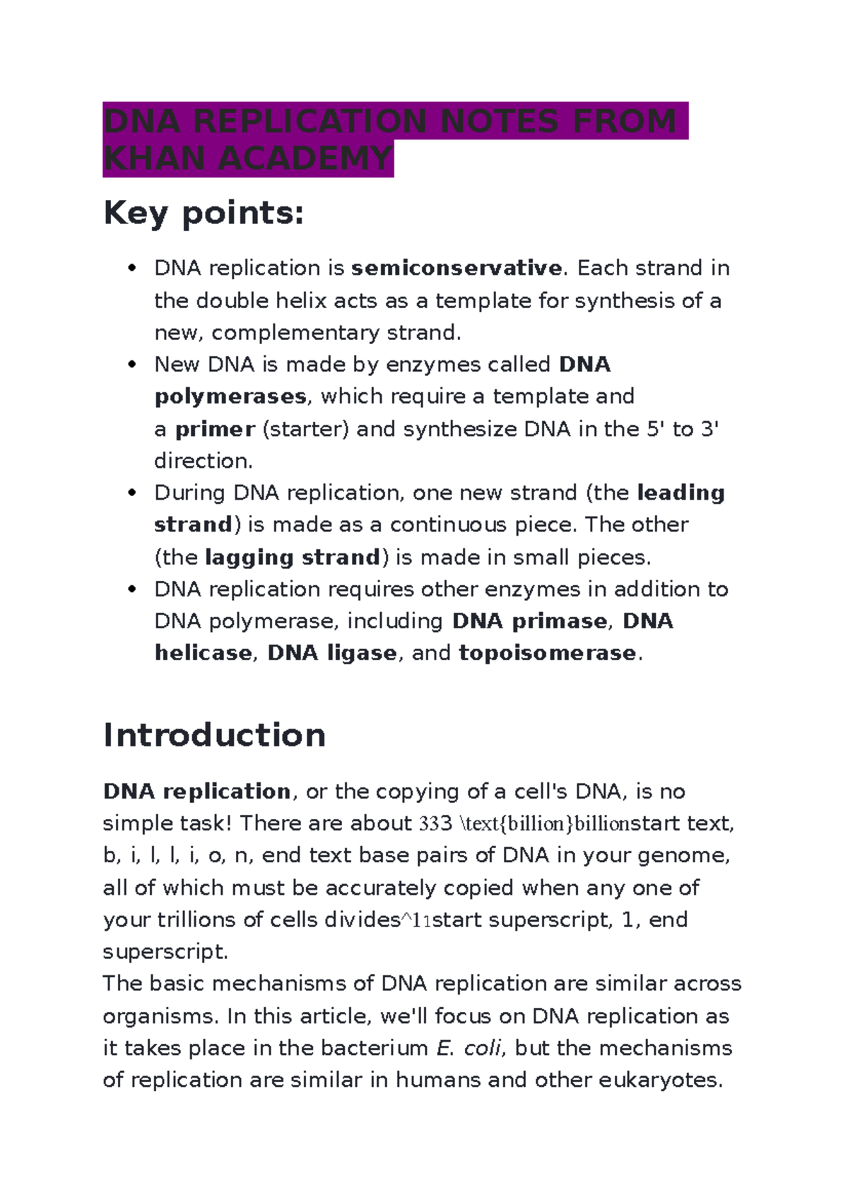 DNA Replication Notes FROM KHAN Academy - DNA REPLICATION NOTES FROM ...