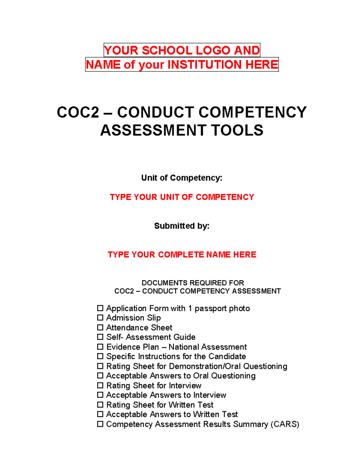 2016-02-25 COC2 Assessment Tools Cover 2 - YOUR SCHOOL LOGO AND NAME of ...