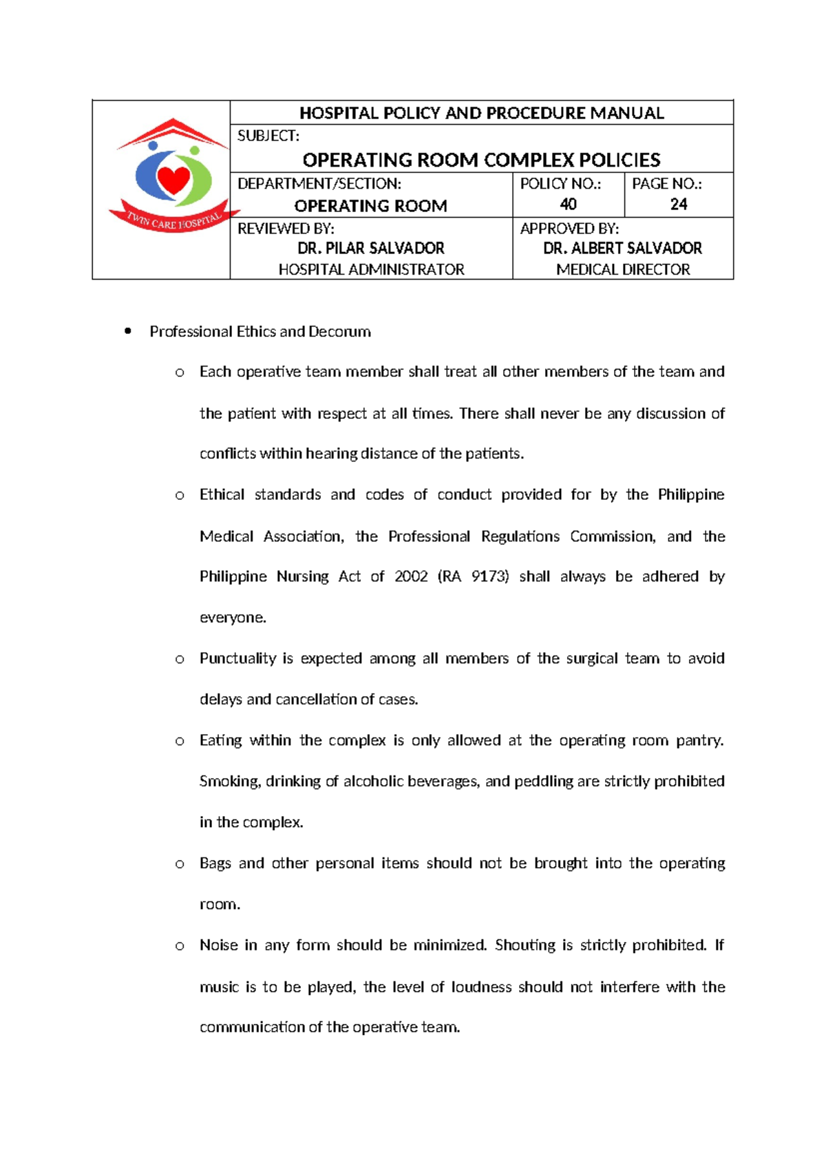 Operating Room Guidelines: Hospital Policy and Procedure Manual - Studocu
