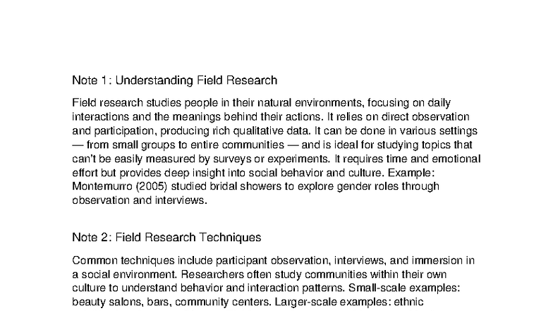 Simplified Notes on Field Research Techniques and Ethnography - Studocu