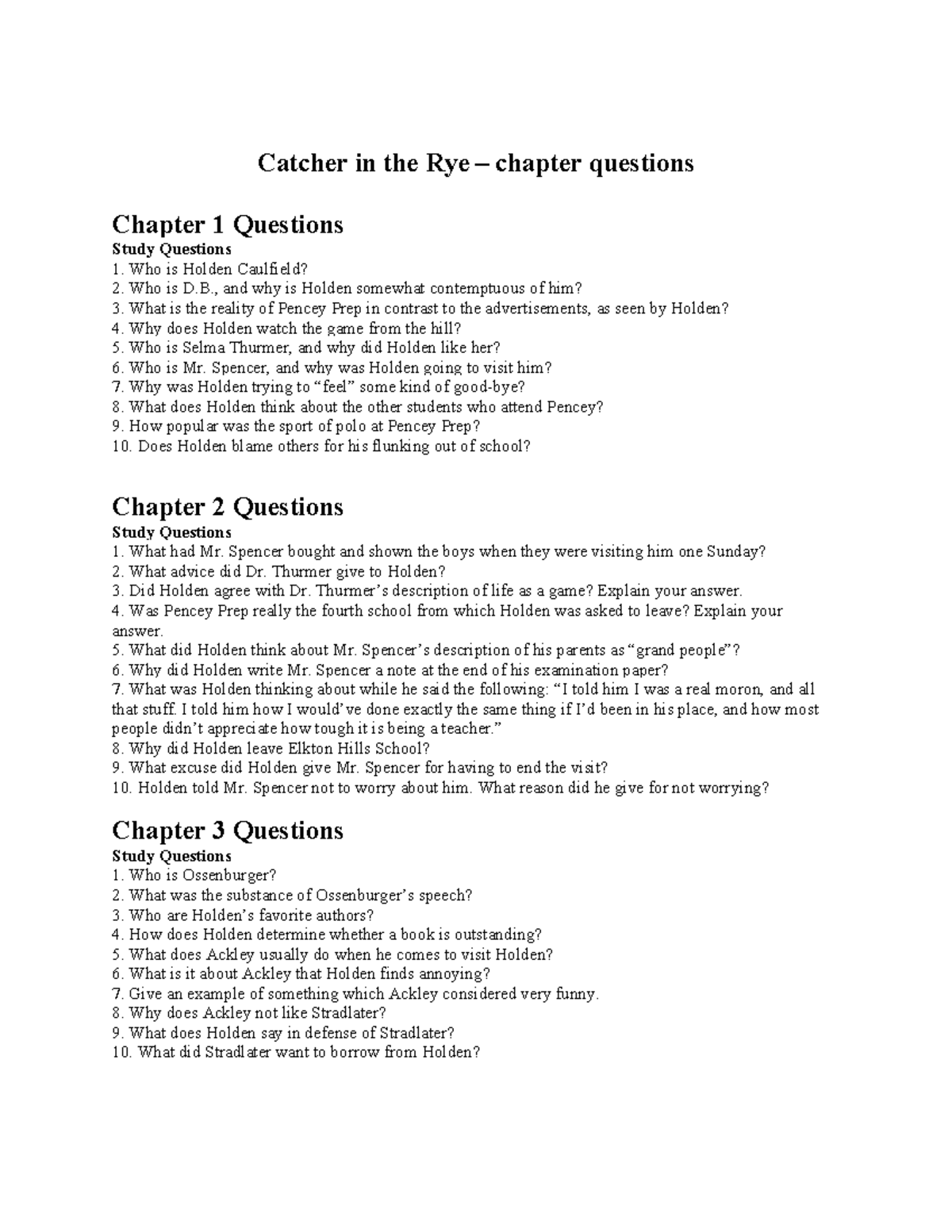Catcher in the Rye Study Questions (All Chapters) - Review Guide - Studocu