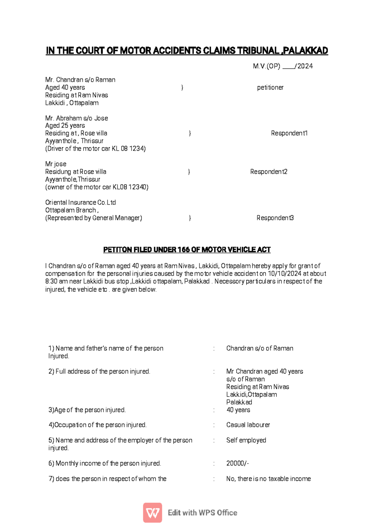 Drafting MACT CASE NEW - IN THE COURT OF MOTOR ACCIDENTS CLAIMS ...