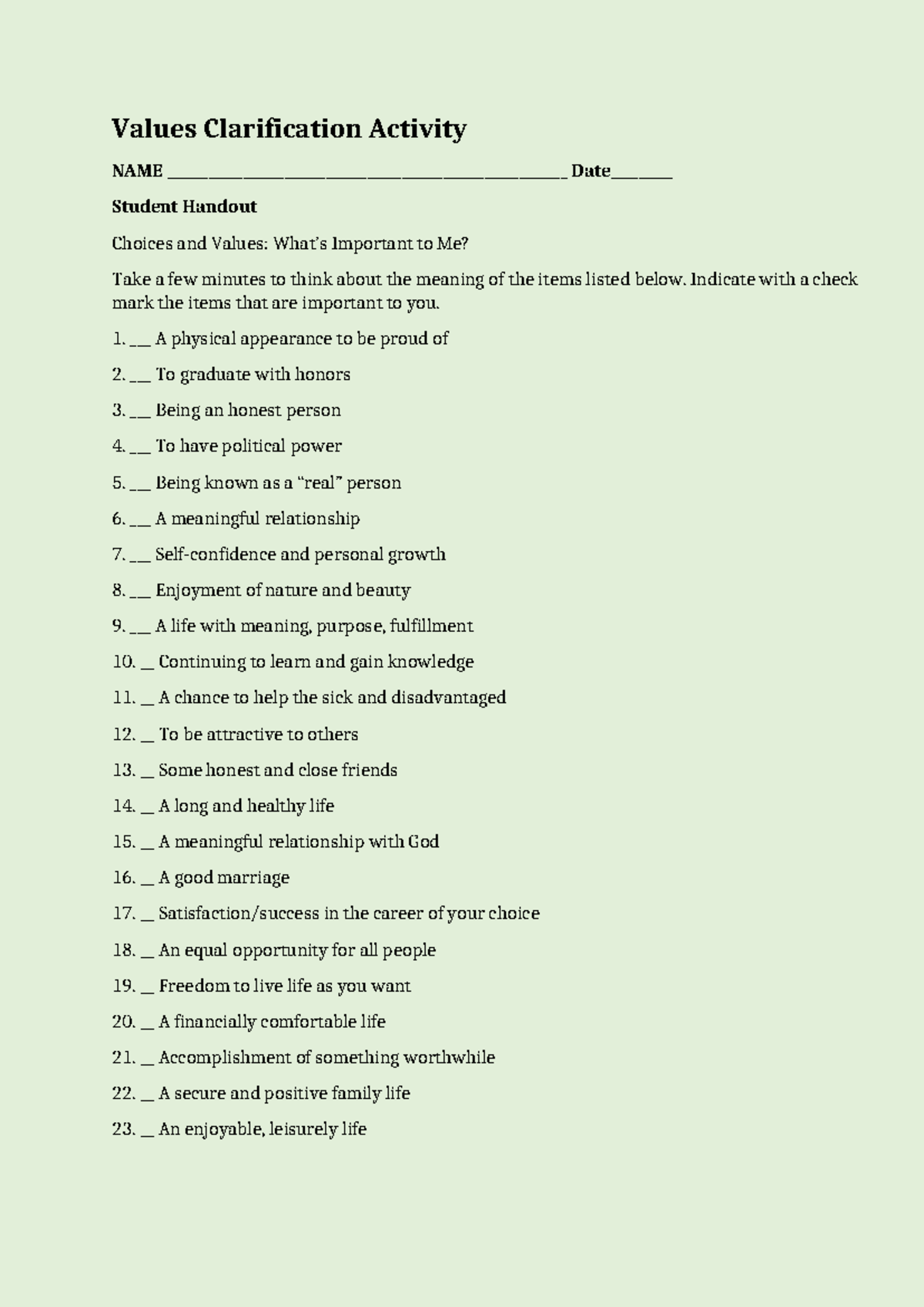 2805NRS T3, 2025 Week 1 Value Clarification Activity Handout - Studocu