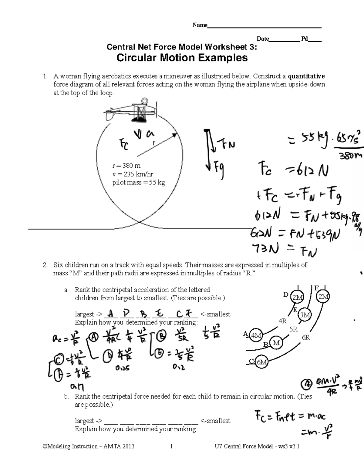 U7 Central Net Force Model Worksheet 3: Circular Motion Analysis - Studocu