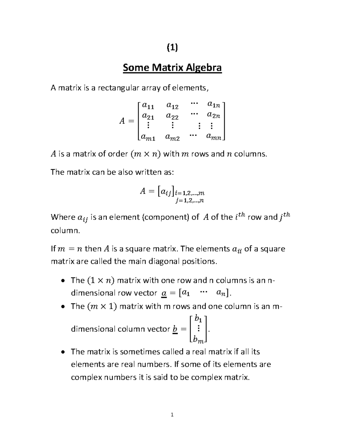Matrix Algebra Lecture Notes (Course 606) - Studocu