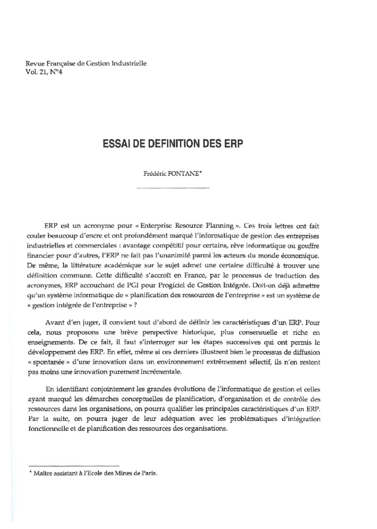 Essai de Définition des ERP - Revue Française de Gestion Ind. Vol. 21 ...