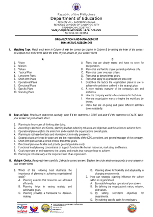 Summative Assessment - Sample documents - I. MULTIPLE CHOICE. Read each ...