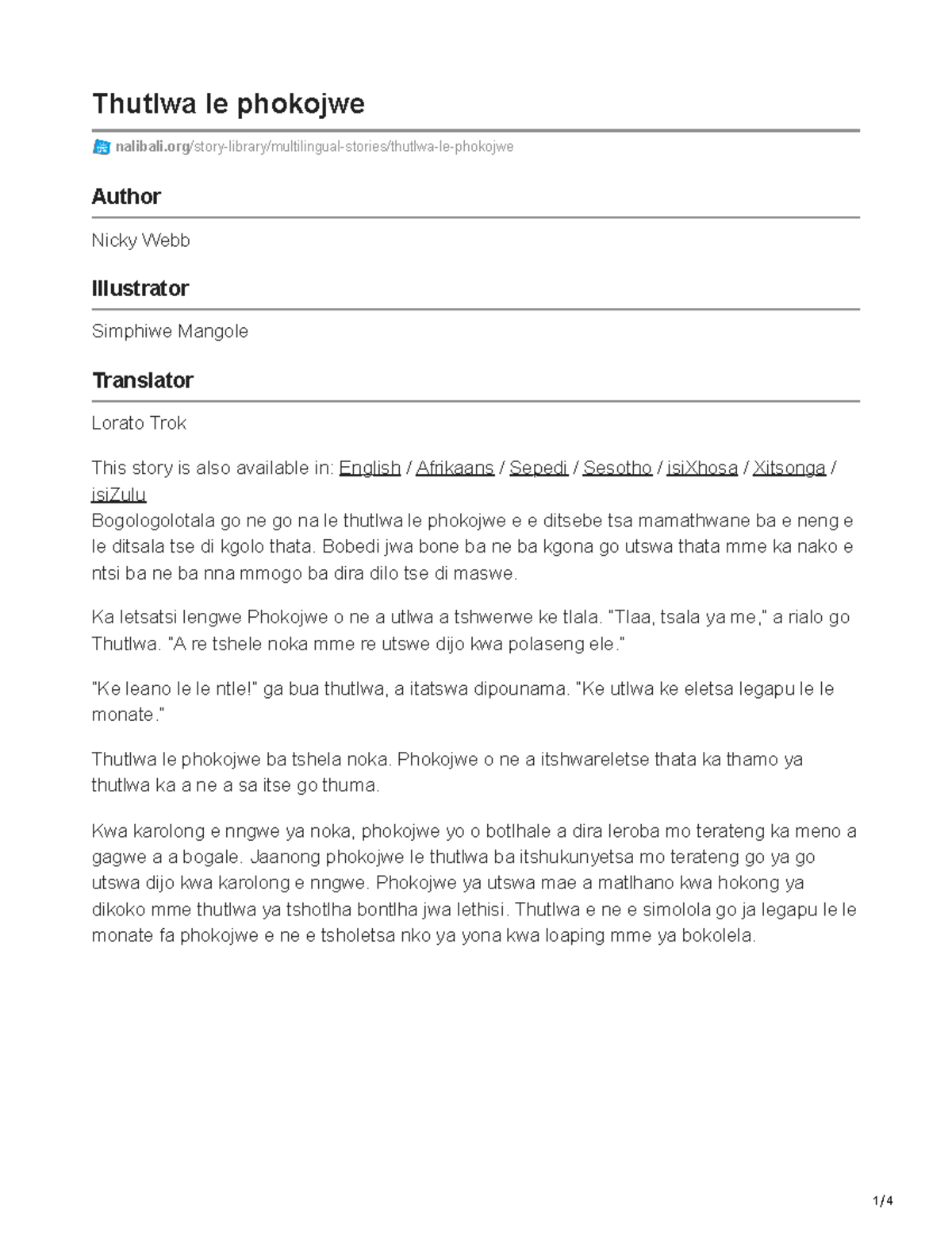 Thutlwa le Phokojwe - Multilingual Story Summary and Analysis - Studocu