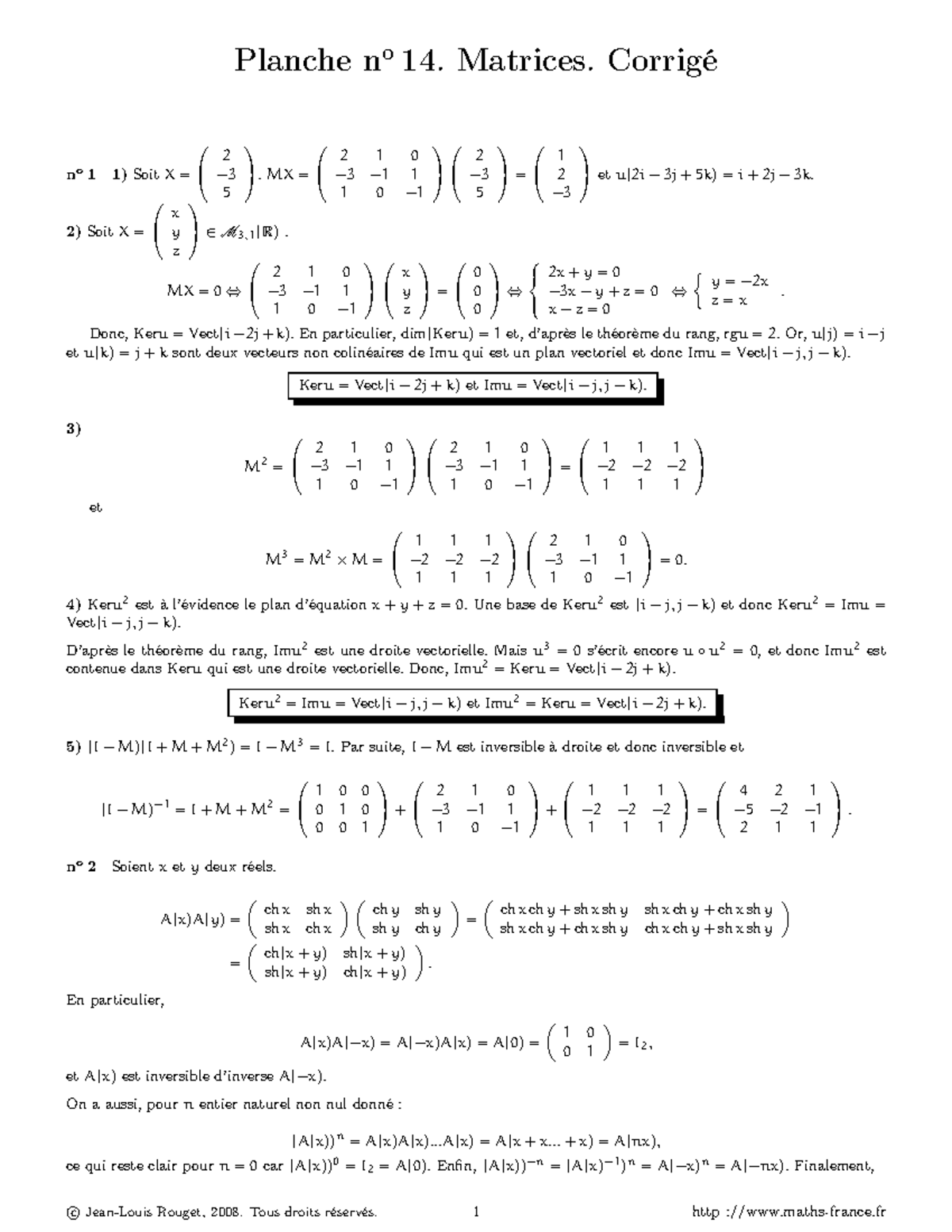 14 Matrices Corrige - Exercices et Cours de mathématiques - Planche n o ...