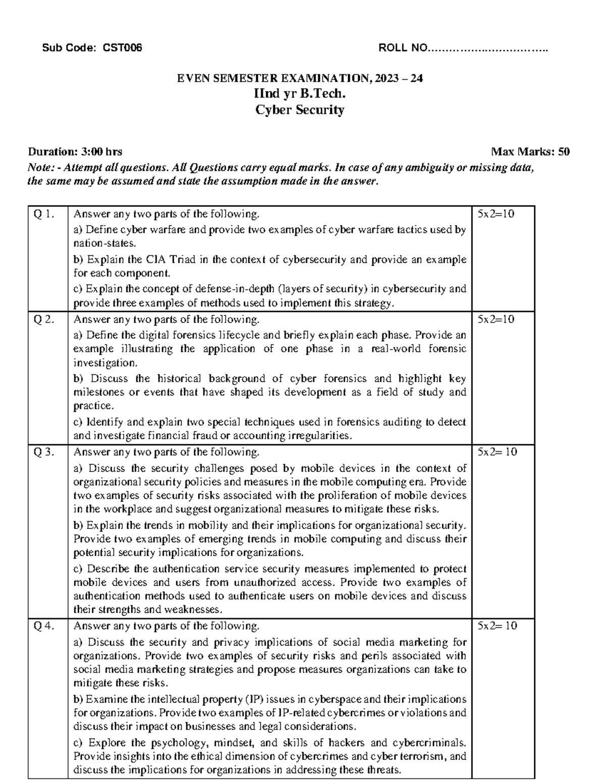 CST006 IInd Yr B.Tech Cyber Security Final Exam Paper 2023-24 - Studocu