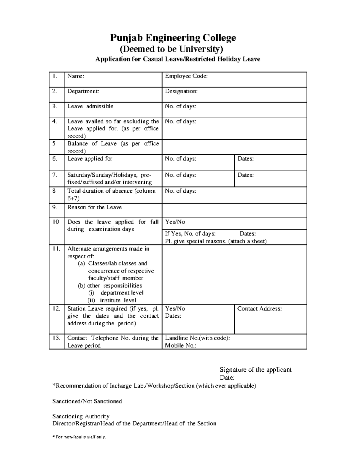 PEC (Deemed to be University) Casual Holiday Leave Application Form ...