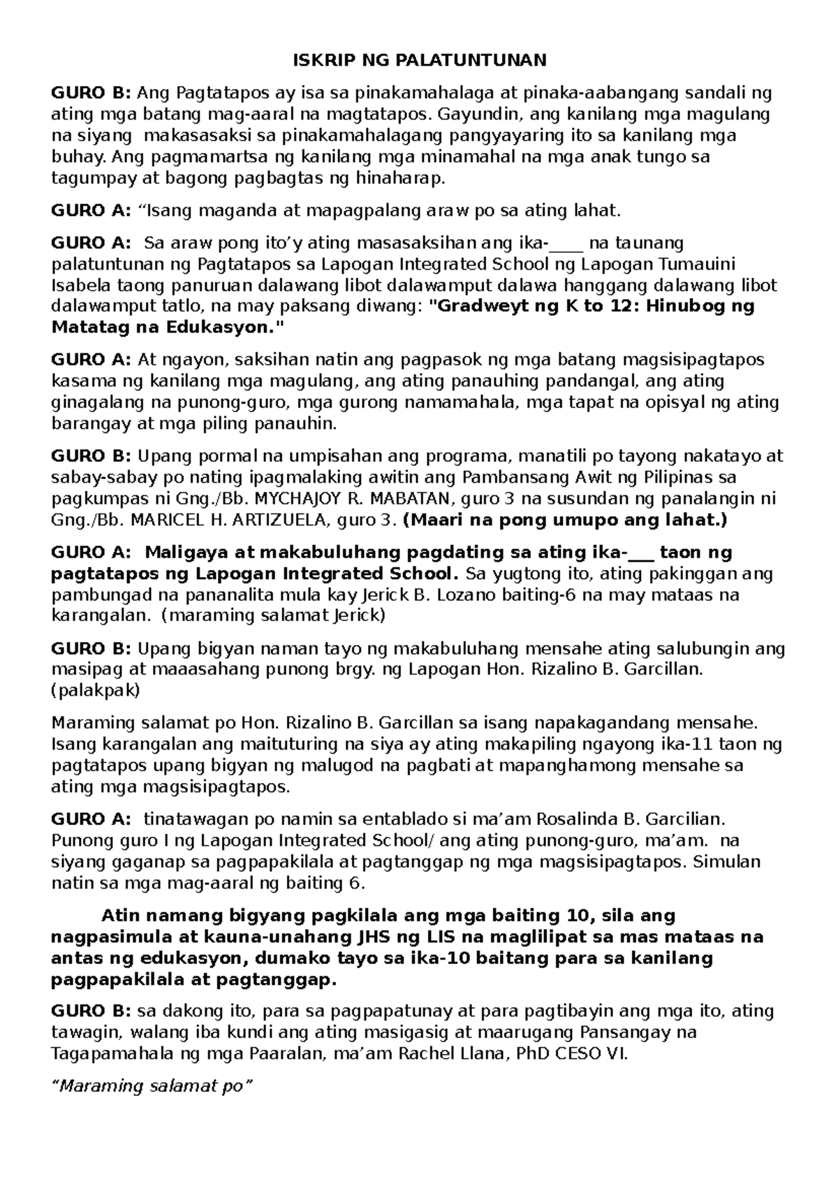 Ika-11 Taon ng Pagtatapos ng Lapogan Integrated School 2023 - Studocu