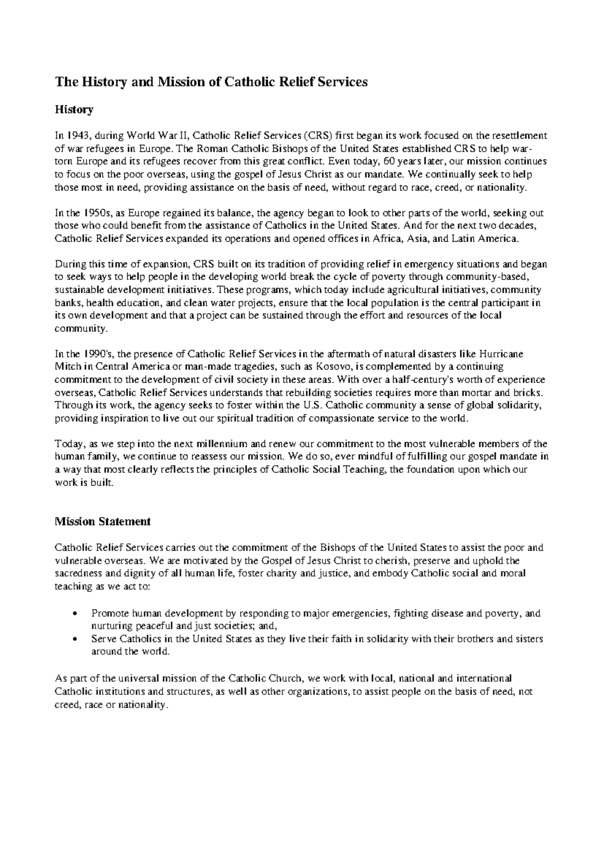 CRS History and Mission Statement - The History and Mission of Catholic Relief Services History ...