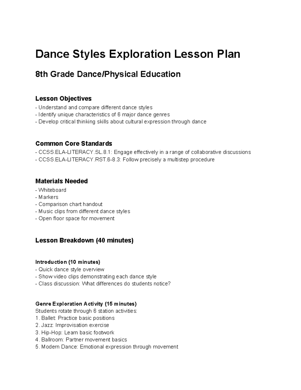 Dance Styles Exploration Lesson Plan for 8th Grade Education - Studocu