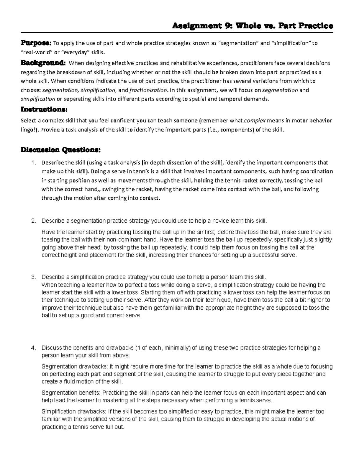 Assignment 9: Strategies for Effective Whole and Part Practice - Studocu