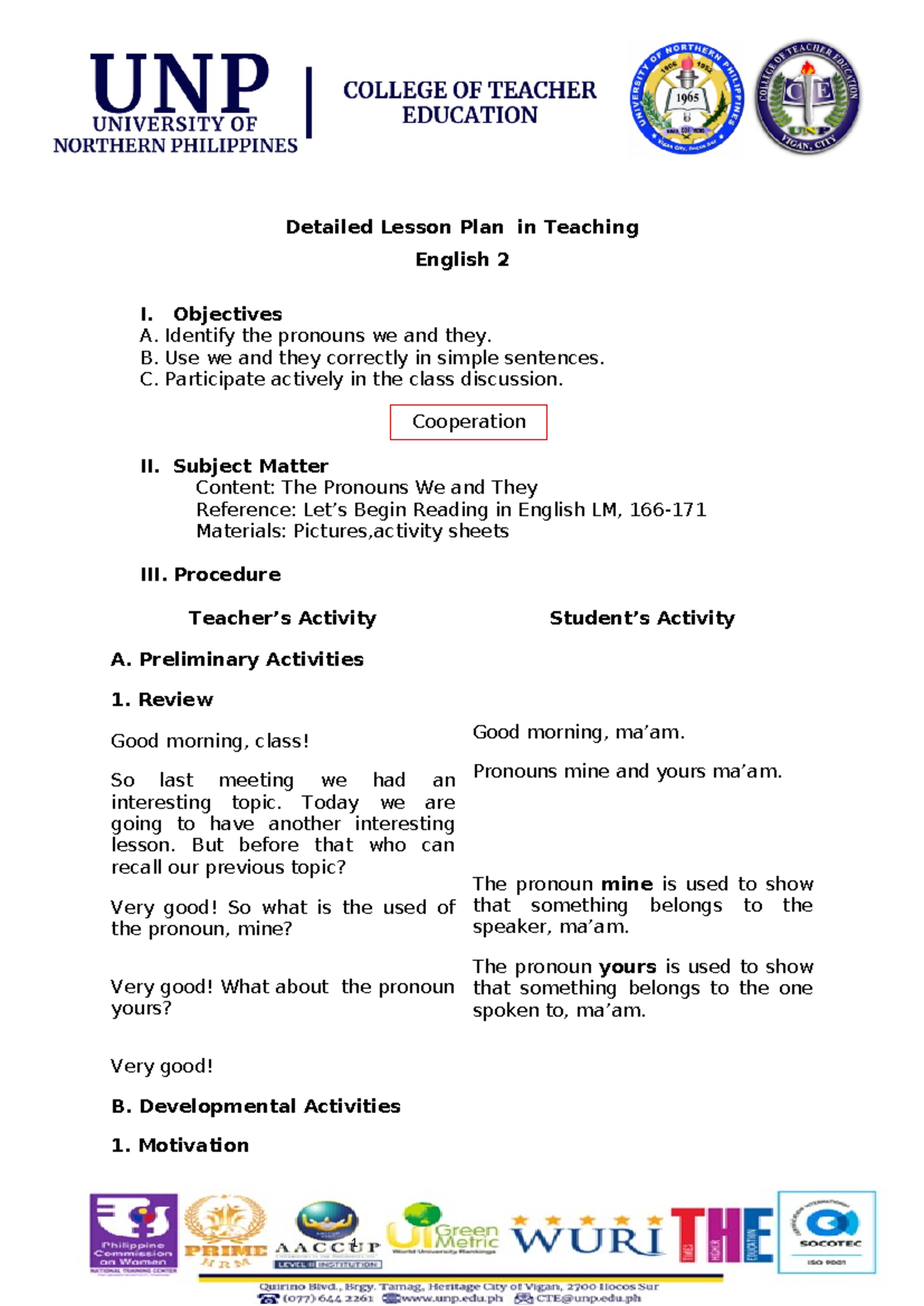 DLP English 2- Pronouns WE AND THEY - Detailed Lesson Plan in Teaching ...