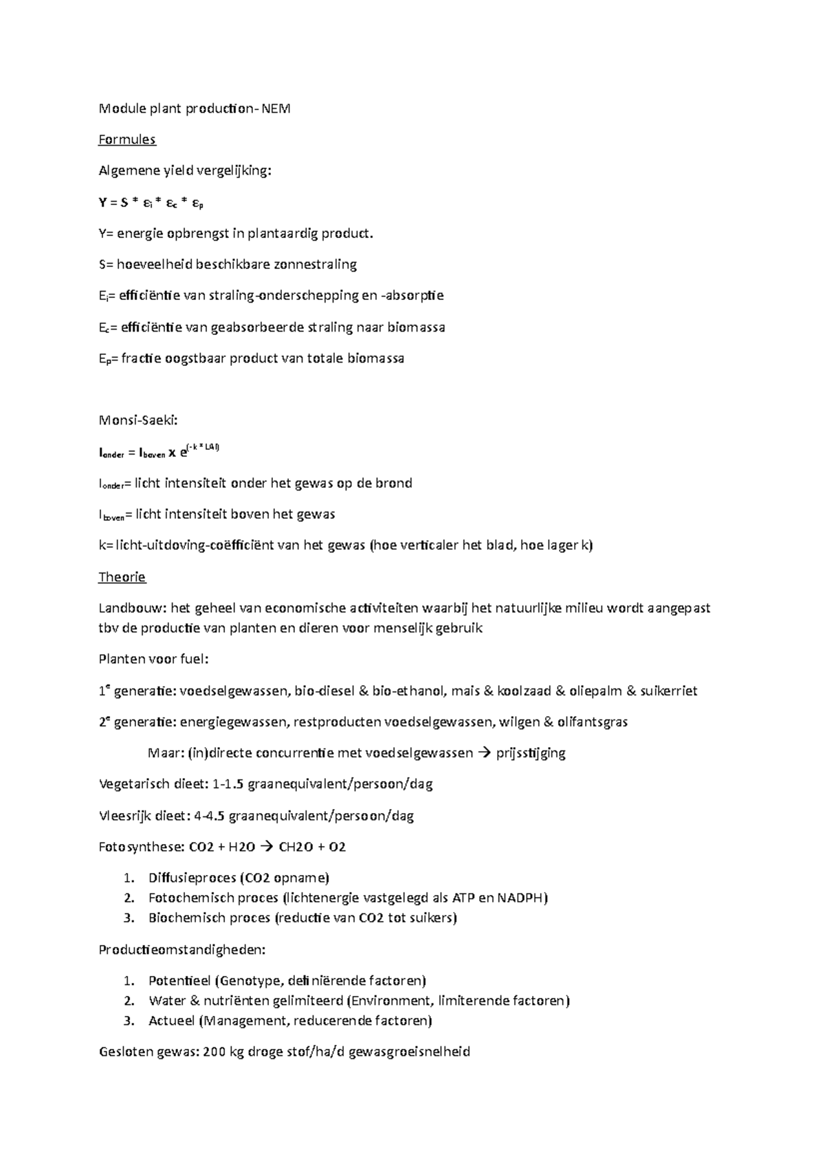 NEM Plant Production Module: Key Formulas and Concepts Summary ...