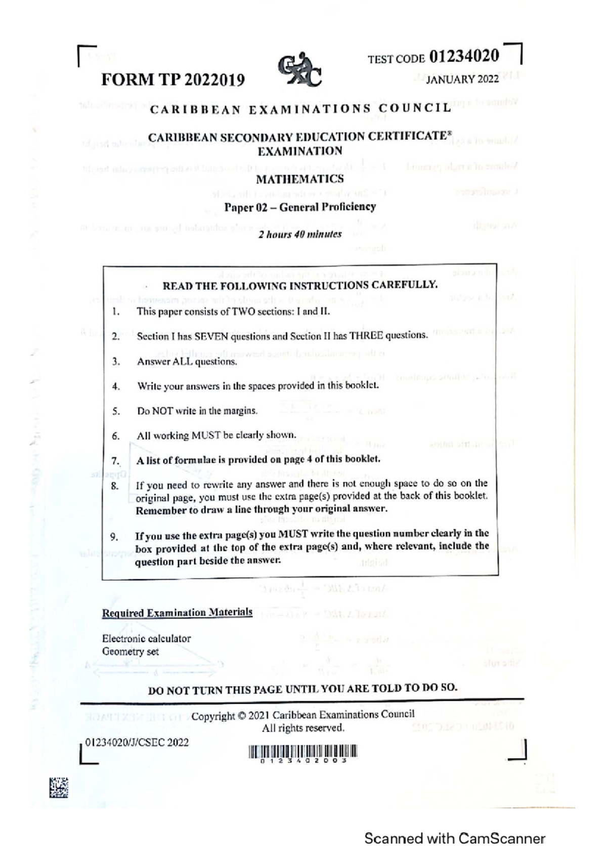 CSEC Mathematics 01234020 January 2022 Paper 02 Exam - Studocu