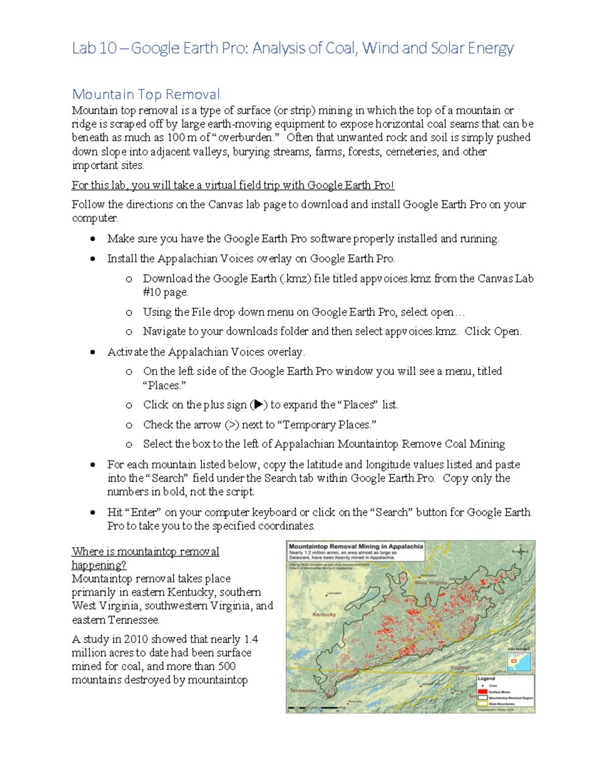 Lab 10: Analyzing Coal, Wind, & Solar Energy via Google Earth Pro - Studocu