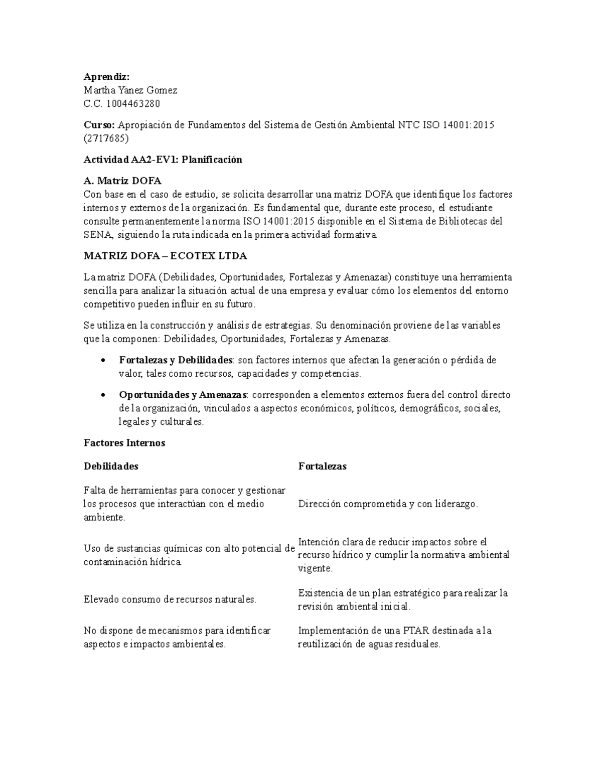 Matriz DOFA y Relación de Partes Interesadas - NTC ISO 14001:2015 ...