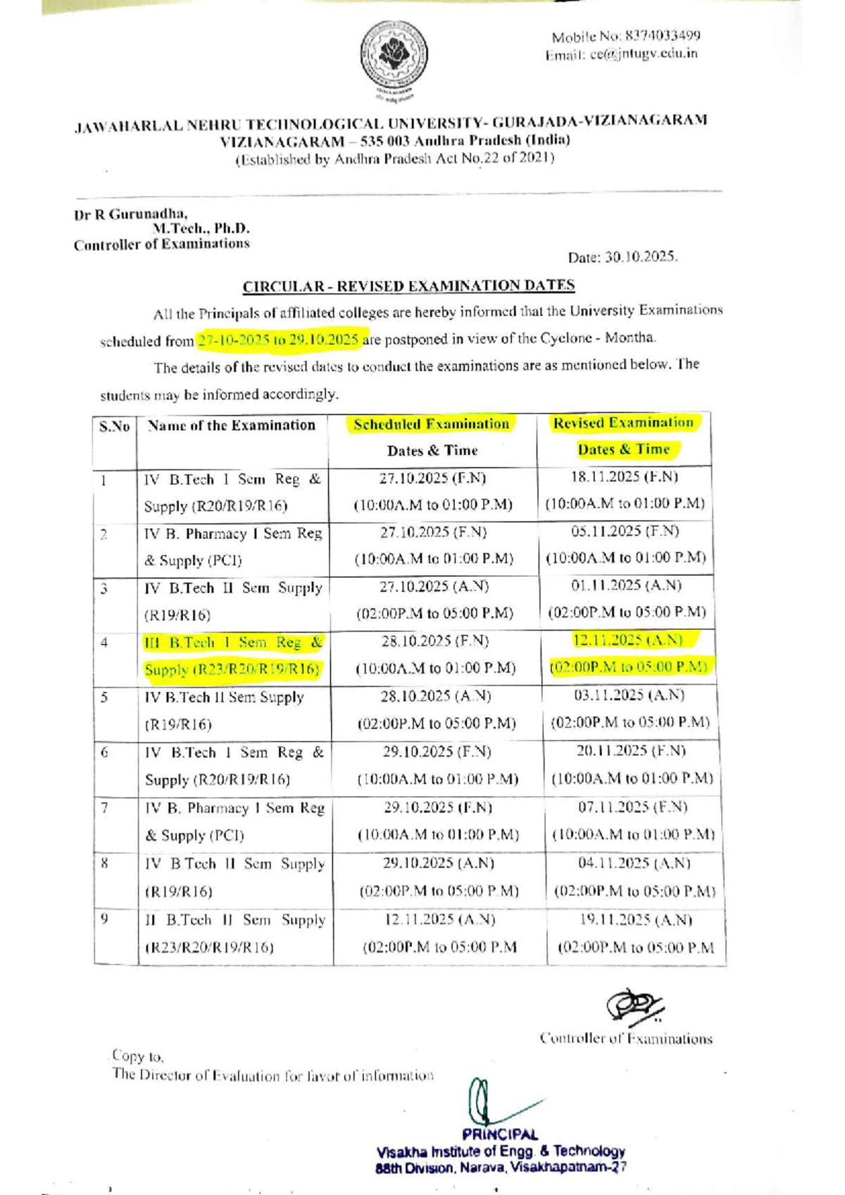 JNTUGV - Revised Exam Dates for October 2025 - Studocu